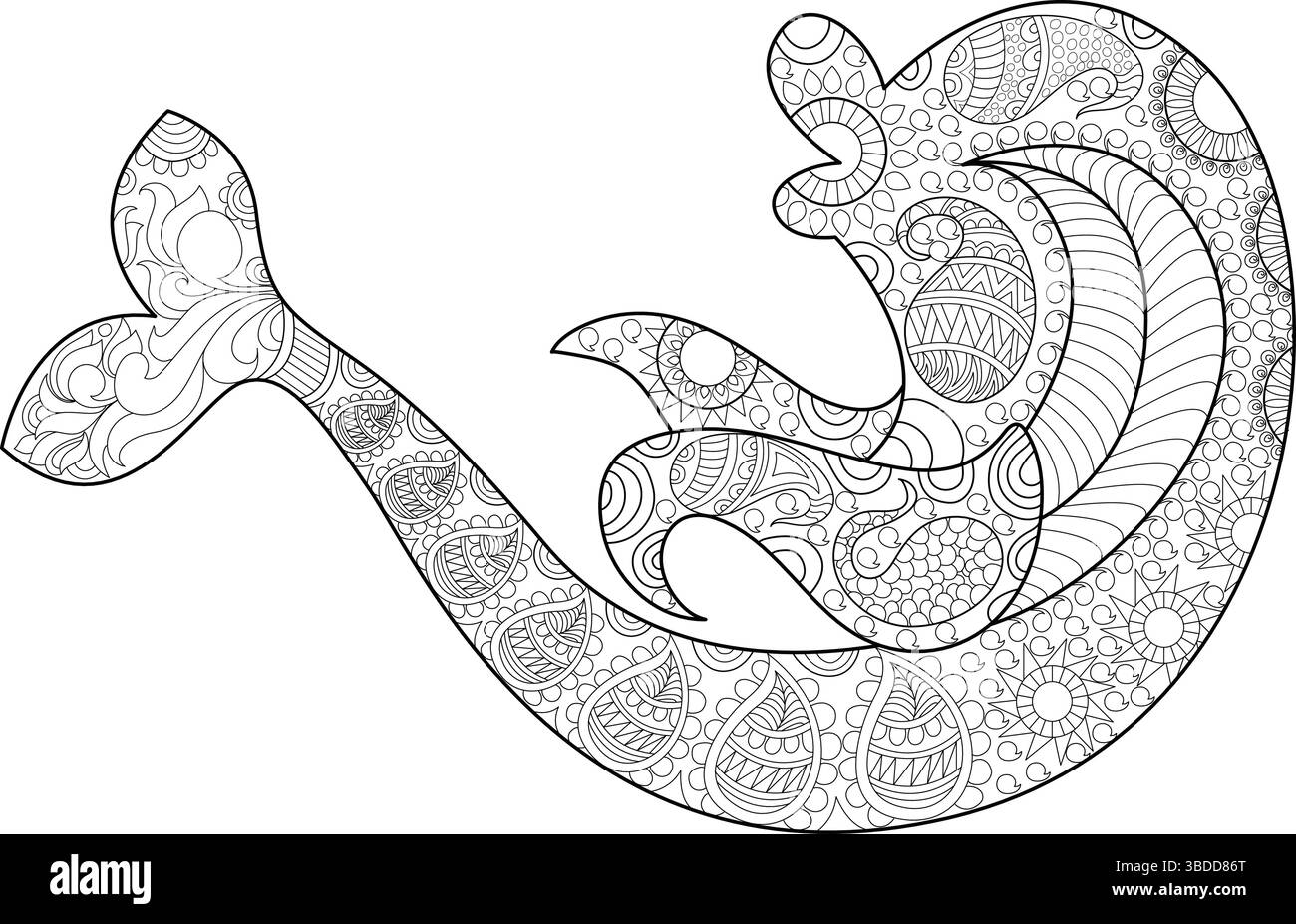 Intricate black and white line art illustration of a dolphin filled ...