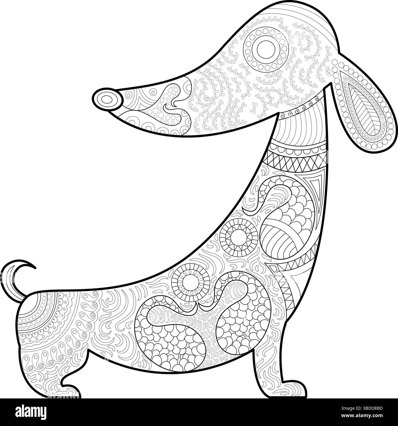 Black and white line art illustration of a stylized dachshund dog ...