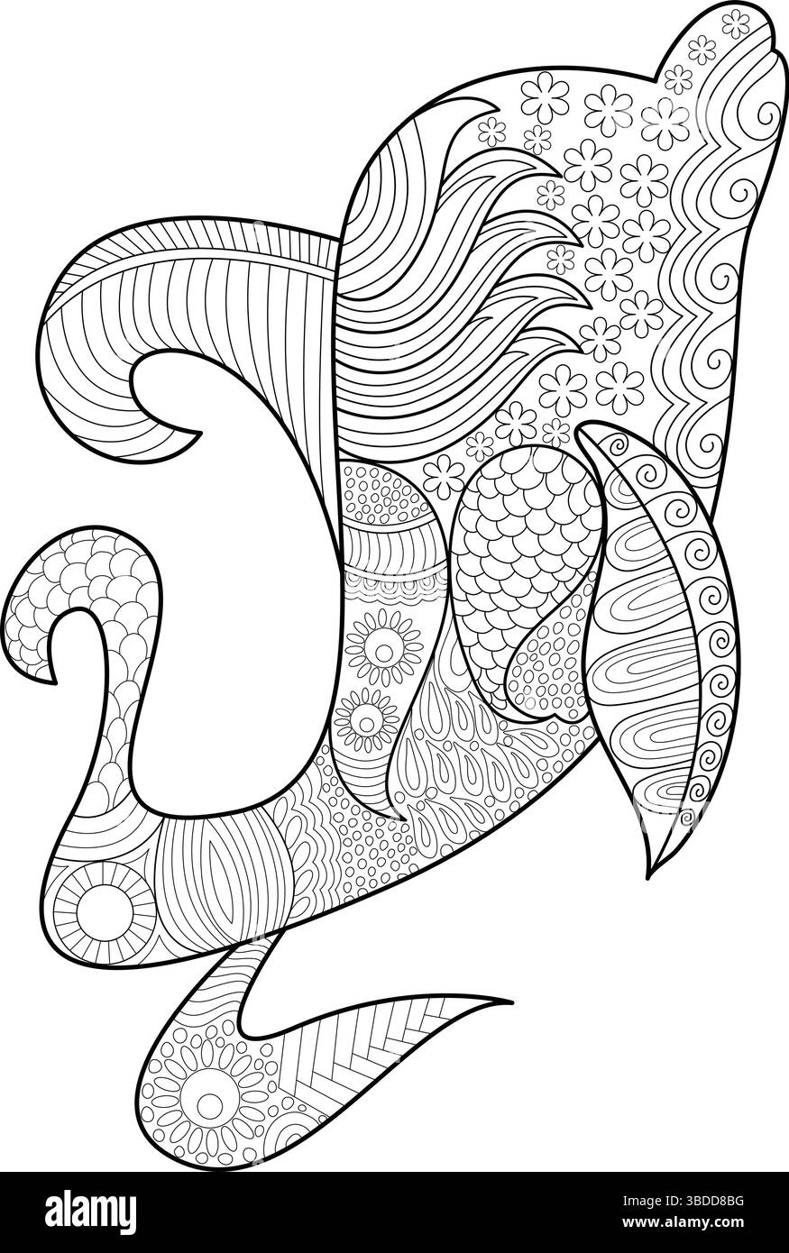 Detailed black and white line drawing of a stylized dolphin, filled ...