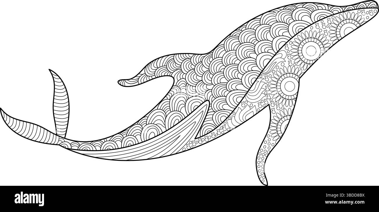 Detailed line art illustration of a leaping dolphin filled with ...