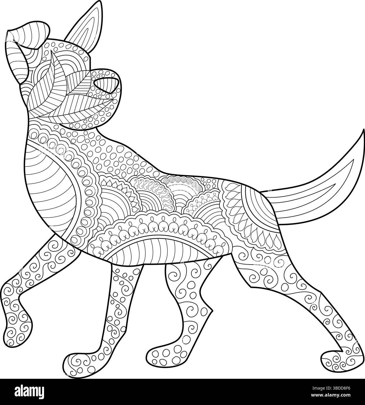 Black and white line art illustration of a walking dog filled with ...