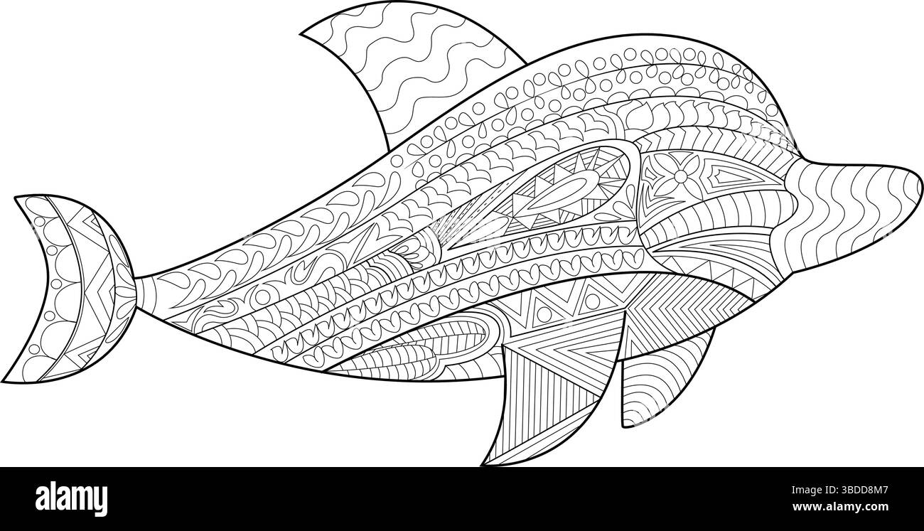 Detailed line art illustration of a dolphin filled with intricate ...