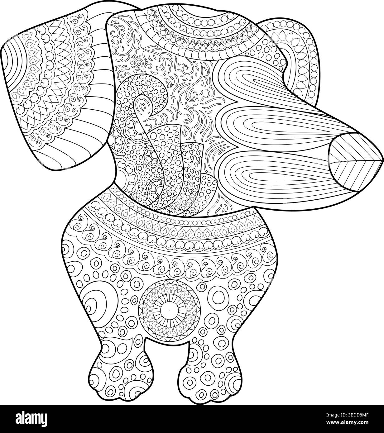 A black and white line art illustration of a dachshund dog filled with ...