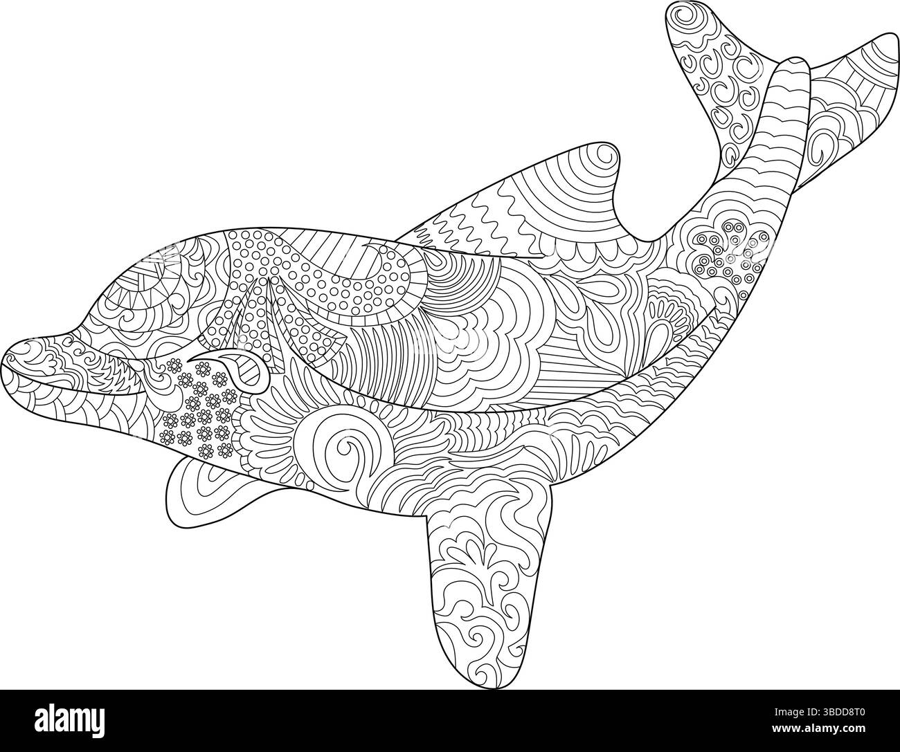 Detailed black and white outline illustration of a dolphin adorned with ...