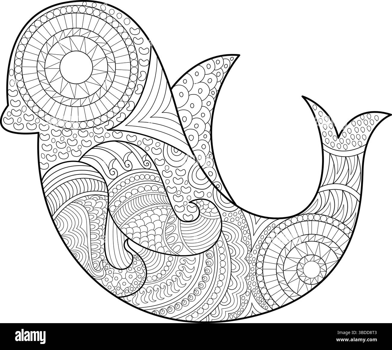 Detailed black and white line art illustration of a stylized dolphin ...