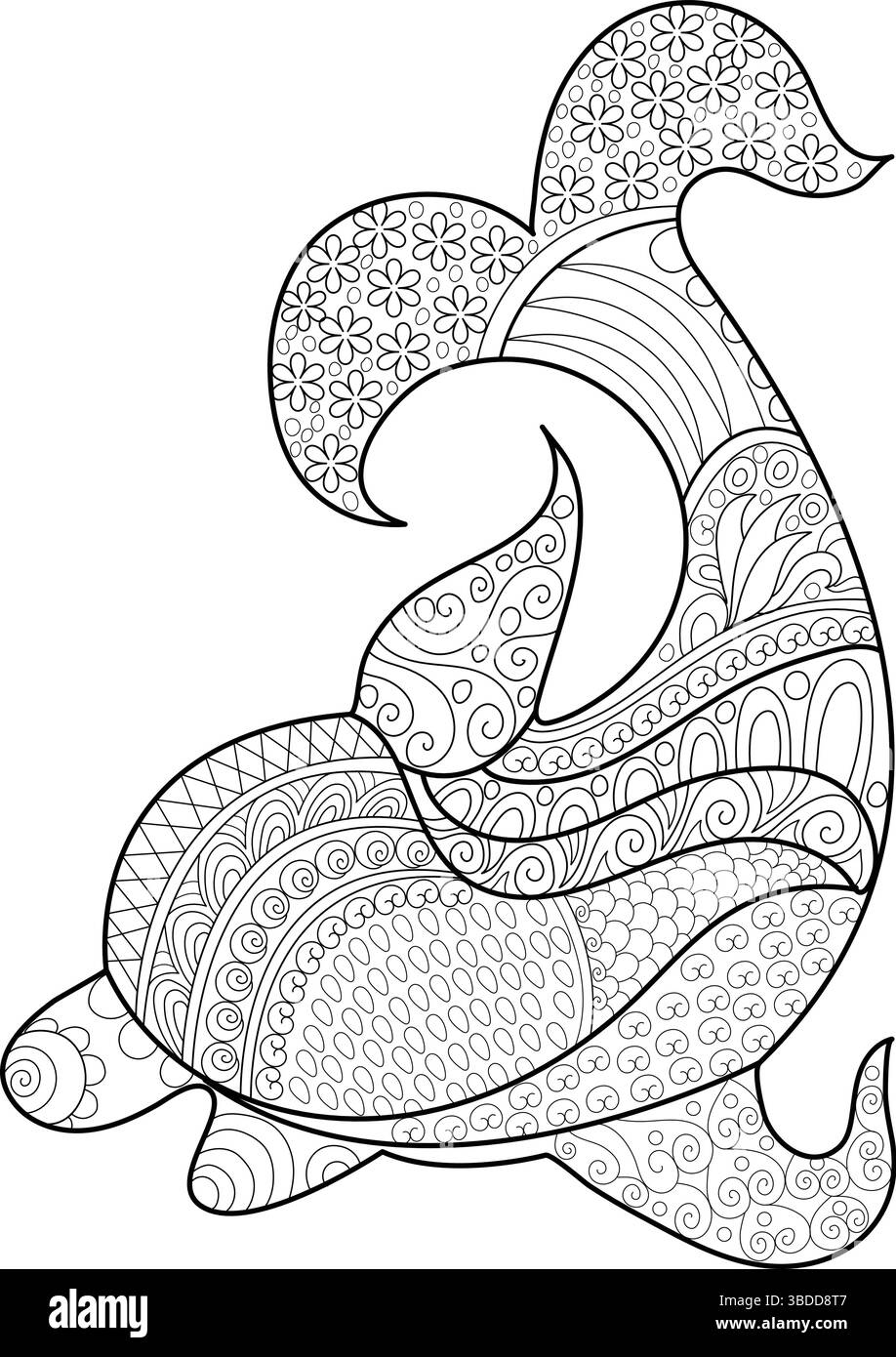 Detailed black and white line drawing of a stylized dolphin or sea ...