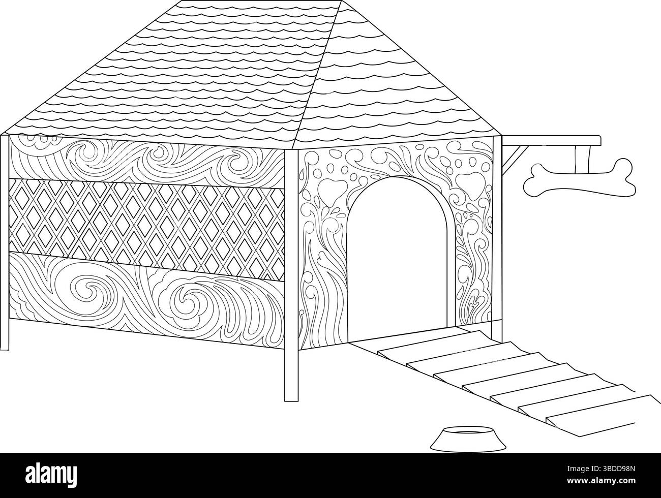 Black and white outline drawing of a decorative dog house with a ramp ...
