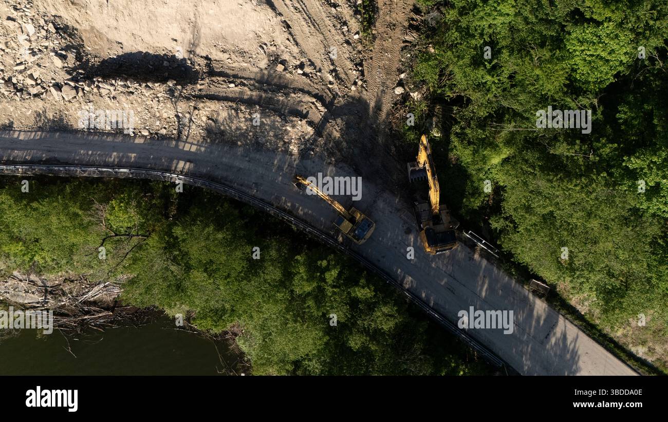 Mignano, Italy - April 22nd 2025 Aerial top-down photo of blocked SP21 ...