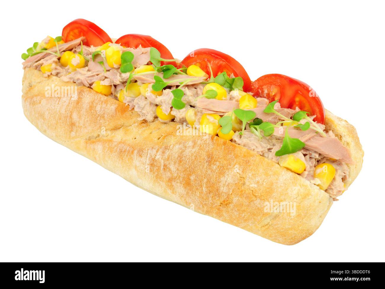 Tuna fish and sweetcorn sandwich in a crusty baguette sub roll with ...