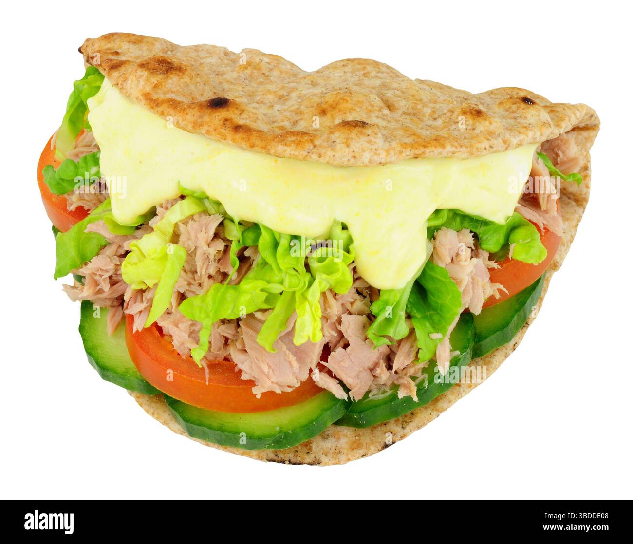 Tuna fish and salad sandwich in a folded flatbread isolated on a white ...