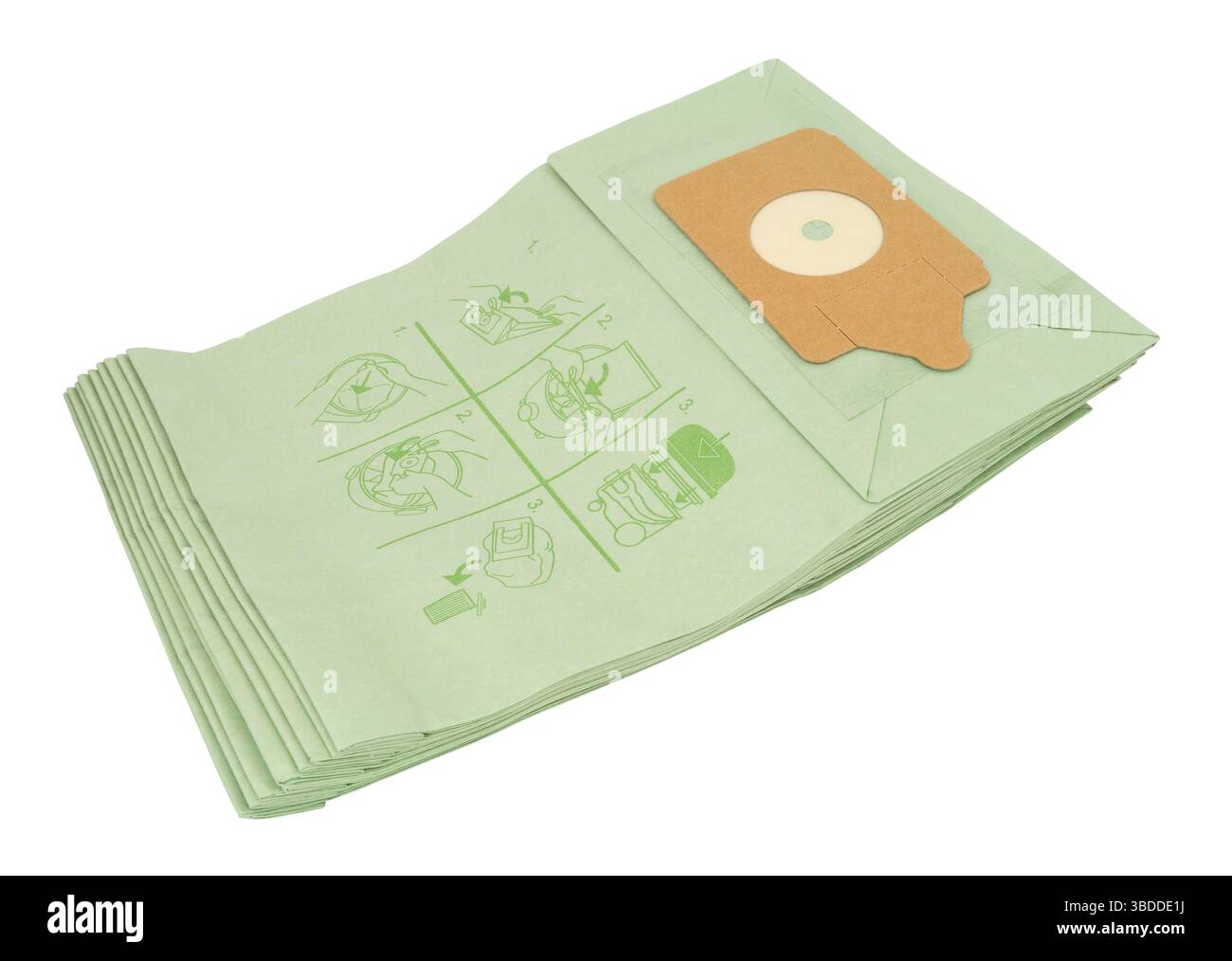 Vacuum cleaner green paper dust bags with rubber gasket isolated on a ...