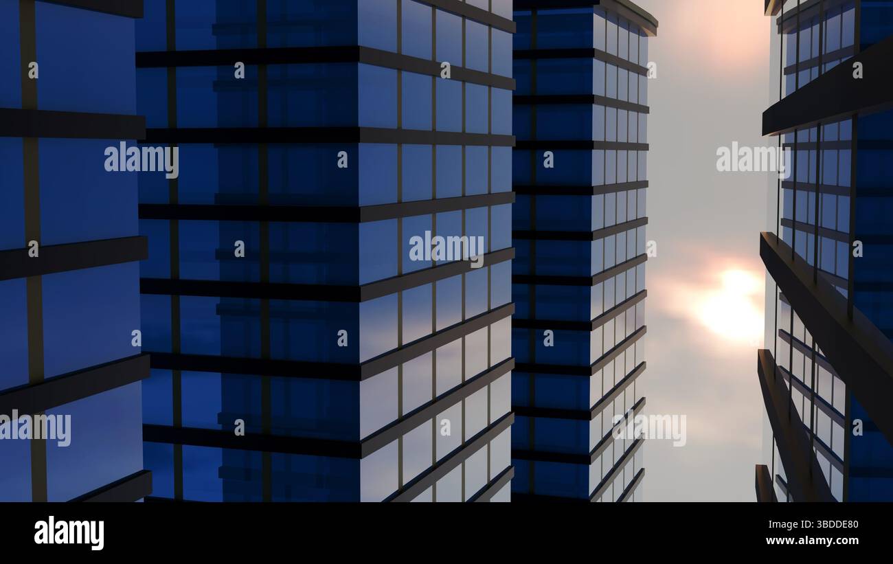 A 3d rendering of simple, tall blue glass buildings with dark lines ...