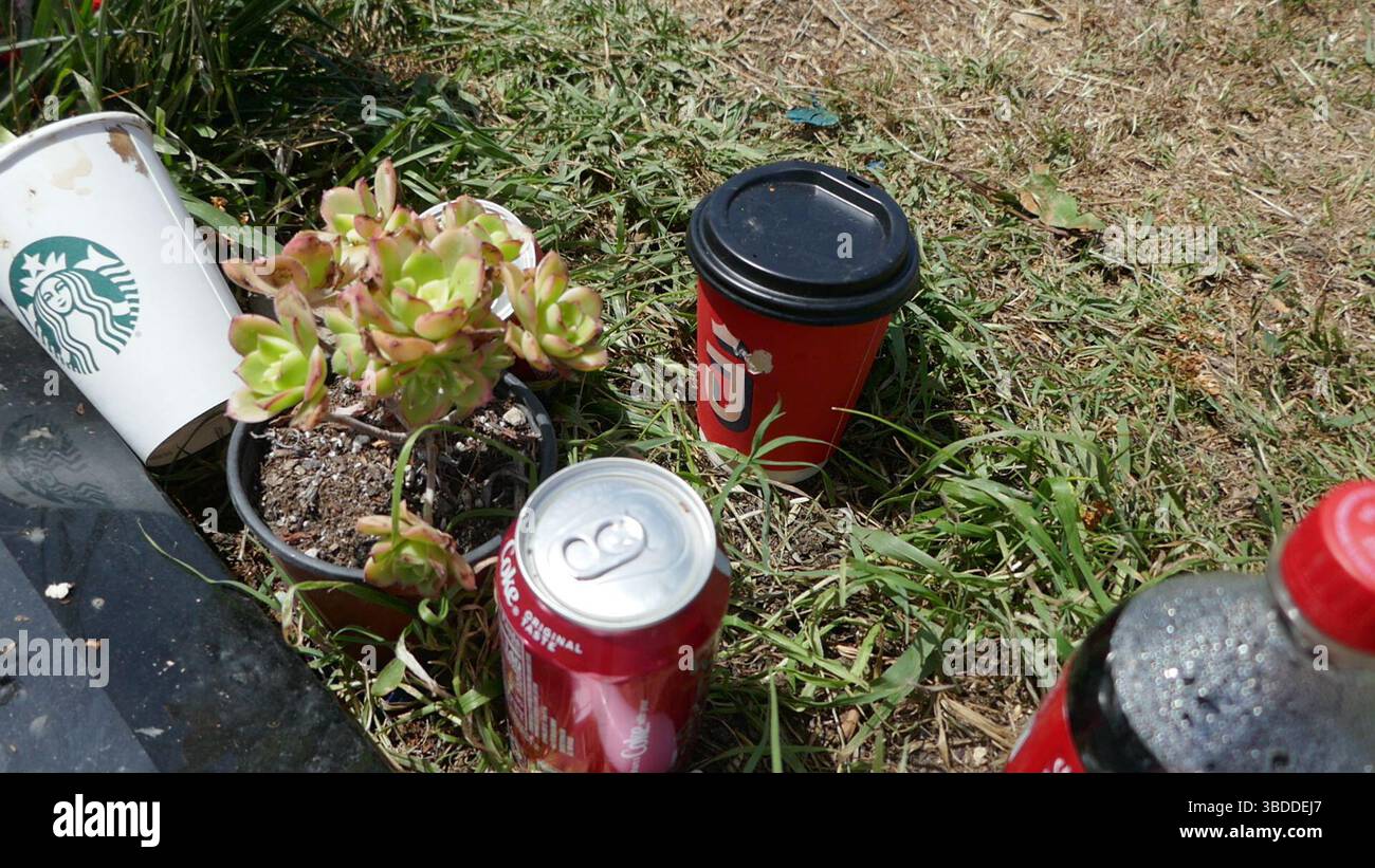 Los Angeles, California, USA 22nd May 2025 Coffee Cups and Coke Can at ...