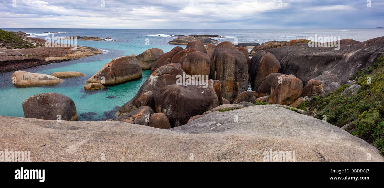 Panorama of Elephant Cove with rocks shaped like animals in Western ...