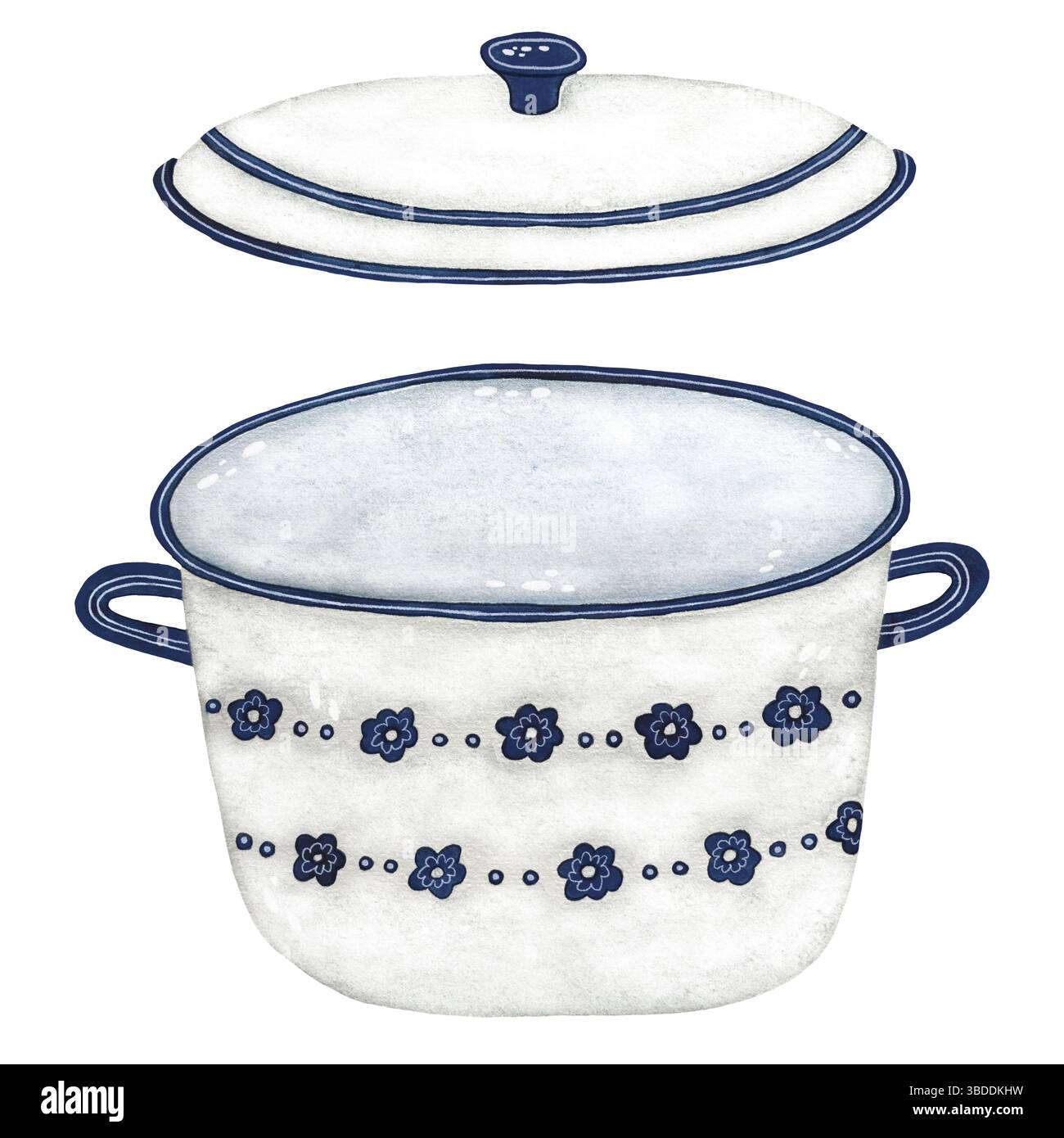 Watercolor white ceramic saucepan with lid and blue floral border and ...