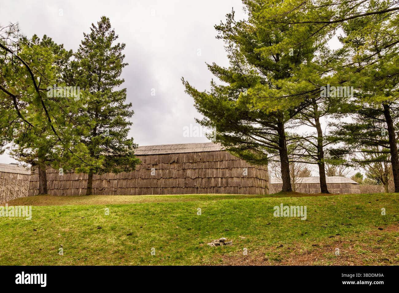 A wooden long houses in a reconstructed 15th century Iroquoian village ...