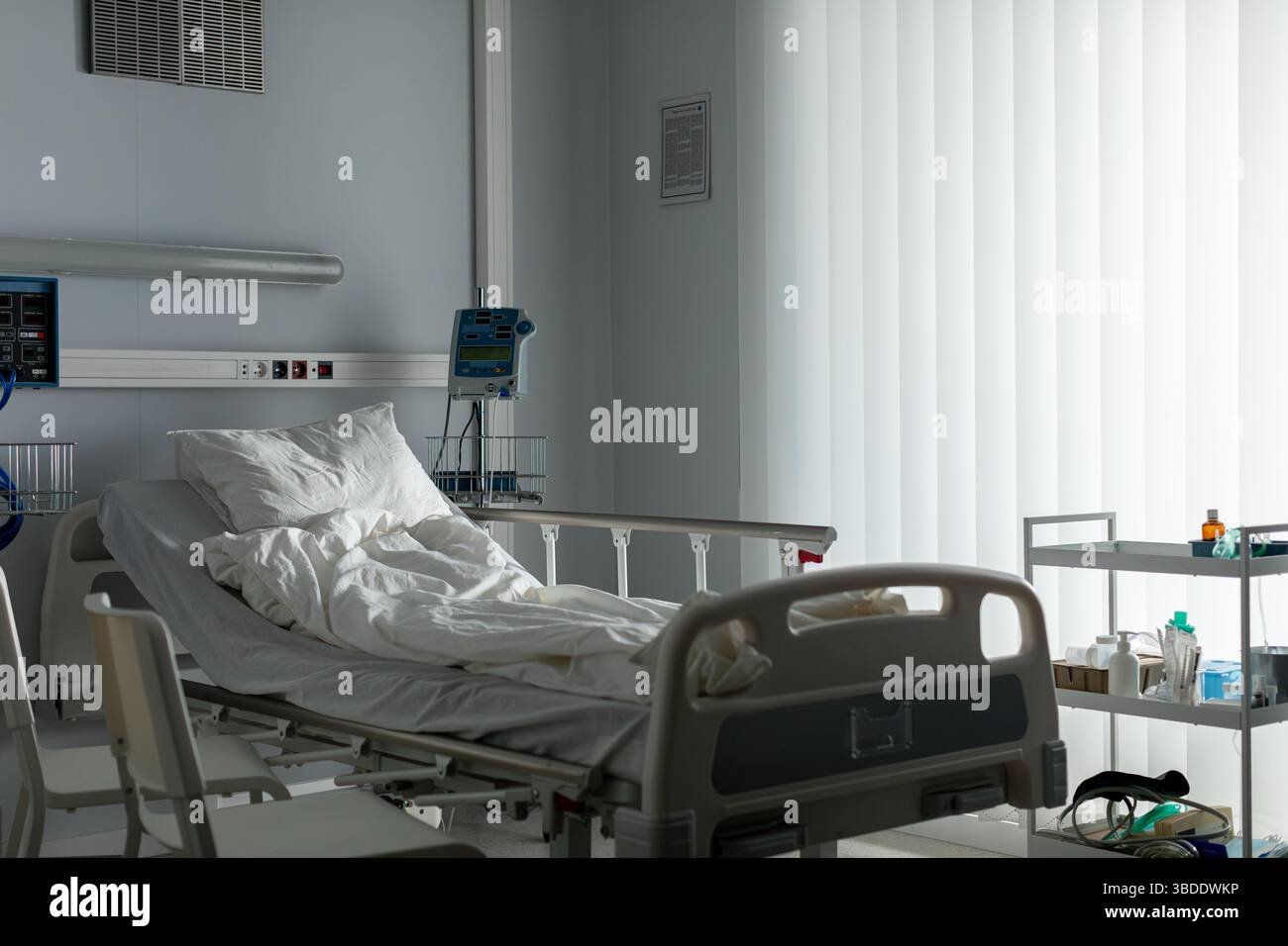 A spacious and empty hospital room featuring a bed along with essential medical equipment Stock ...