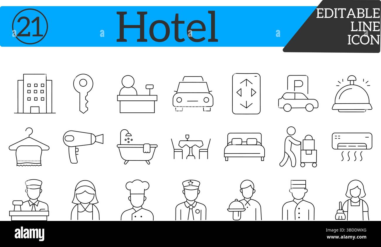 Editable Hotel Staff & Facility Icons – Line-style pictograms for hotel ...