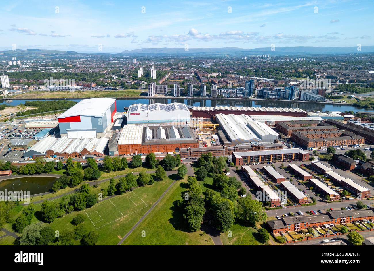 Aerial view of BAE Systems shipyard at Govan on River Clyde, Glasgow ...