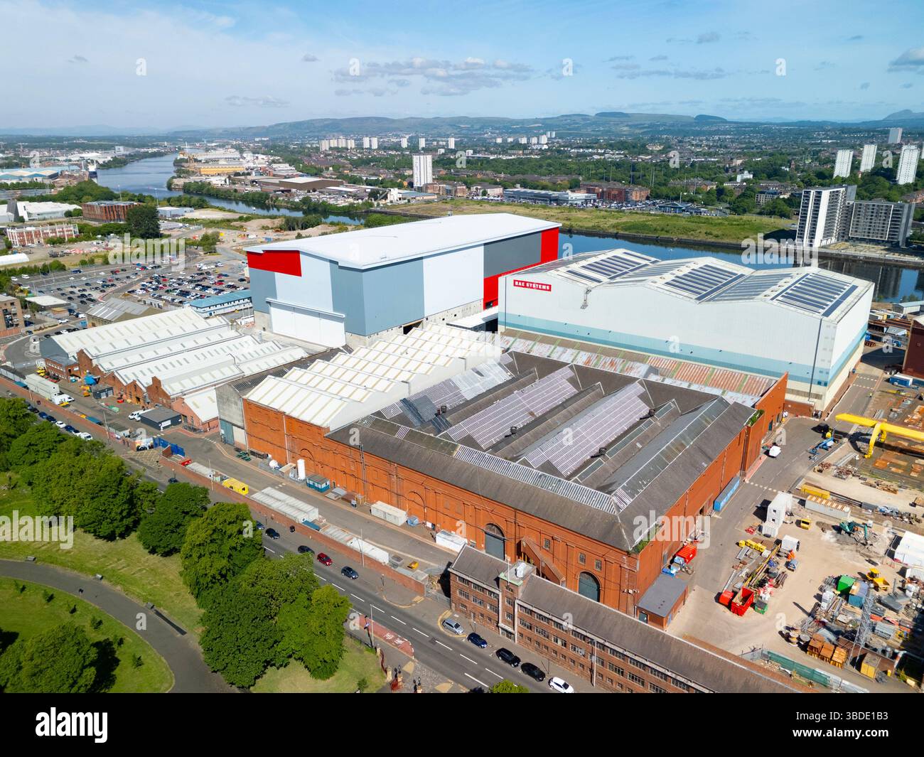 Aerial view of BAE Systems shipyard at Govan on River Clyde, Glasgow ...