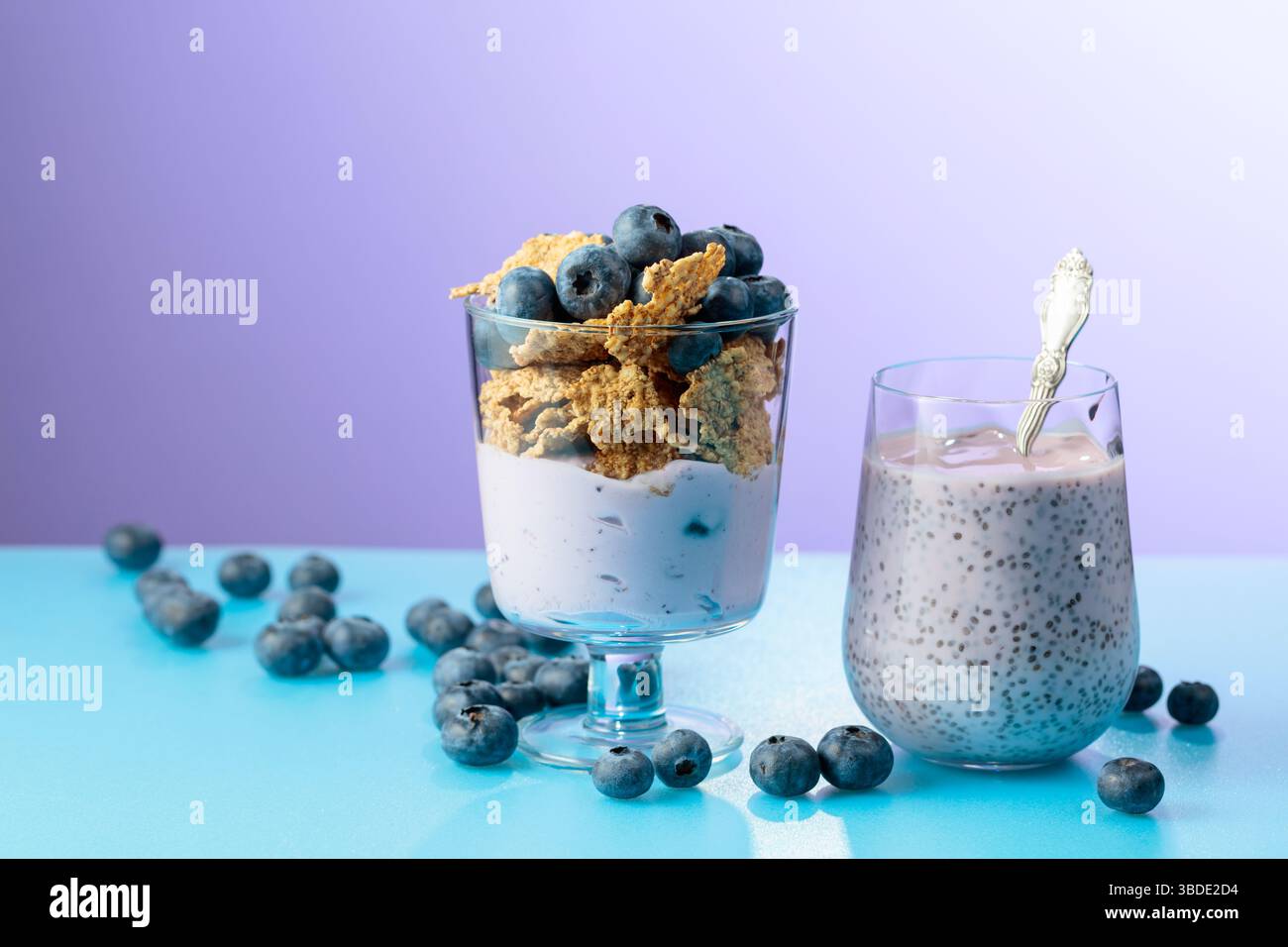 Blueberry dessert with rye flakes and smoothie with chia seeds. Concept ...