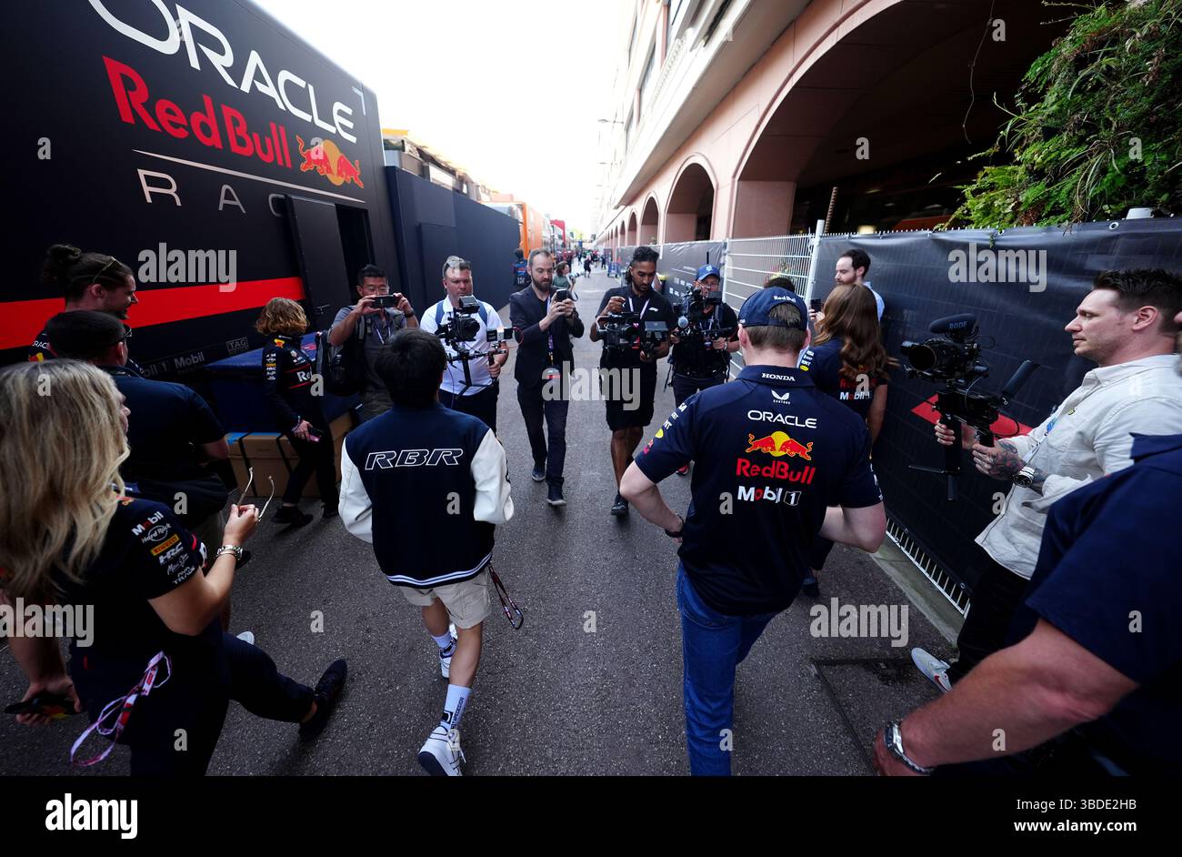 Red Bull drivers Yuki Tsunoda (left) and Max Verstappen at the Circuit ...