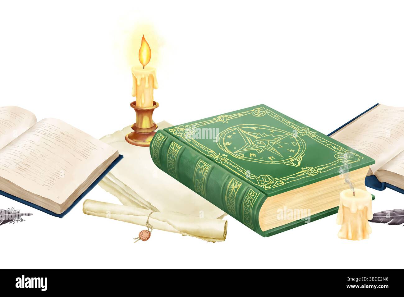 Books are open and closed, scroll with seal and stack of parchment ...