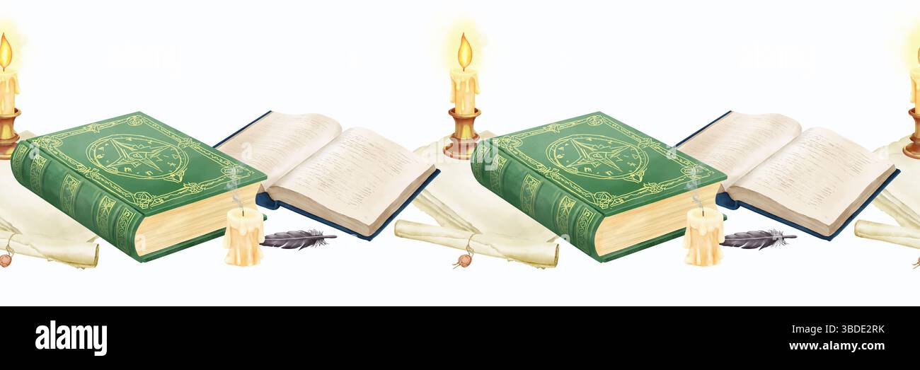 Books are open and closed, scroll with seal and stack of parchment ...