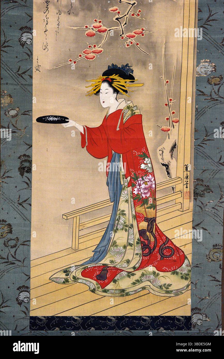 Beauty playing by Suimutei Shoroku (1797-1848), color on silk,Edo ...