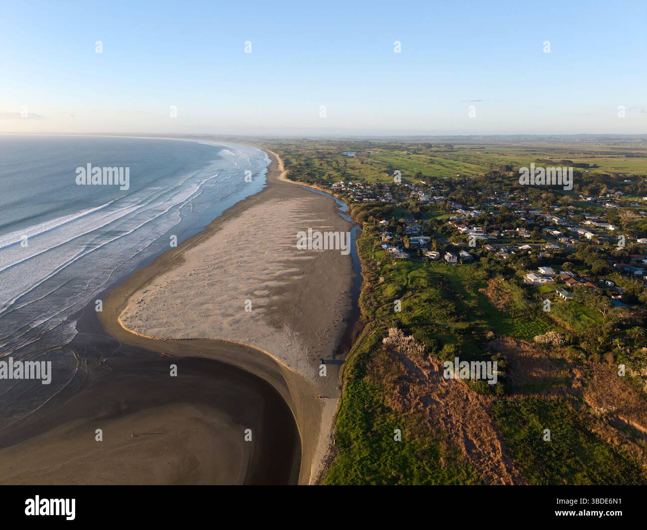 Aerial view of Ahipara and the southern end of Ninety Mile beach in ...