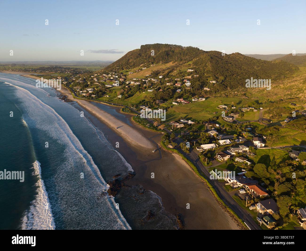 Aerial view of Ahipara and the southern end of Ninety Mile beach in ...