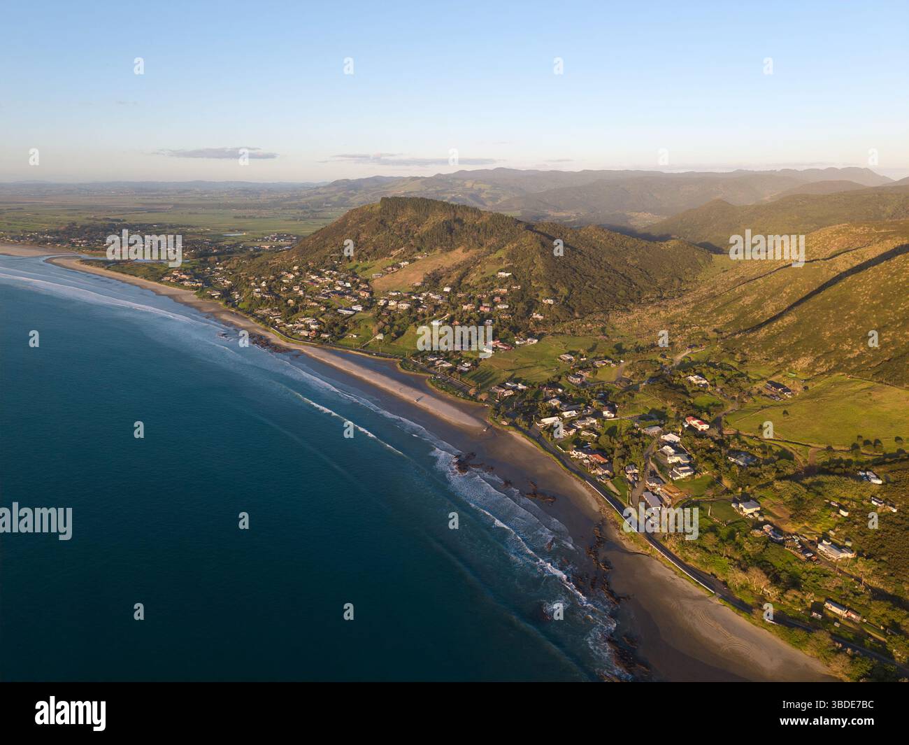 Aerial view of Ahipara and the southern end of Ninety Mile beach in ...