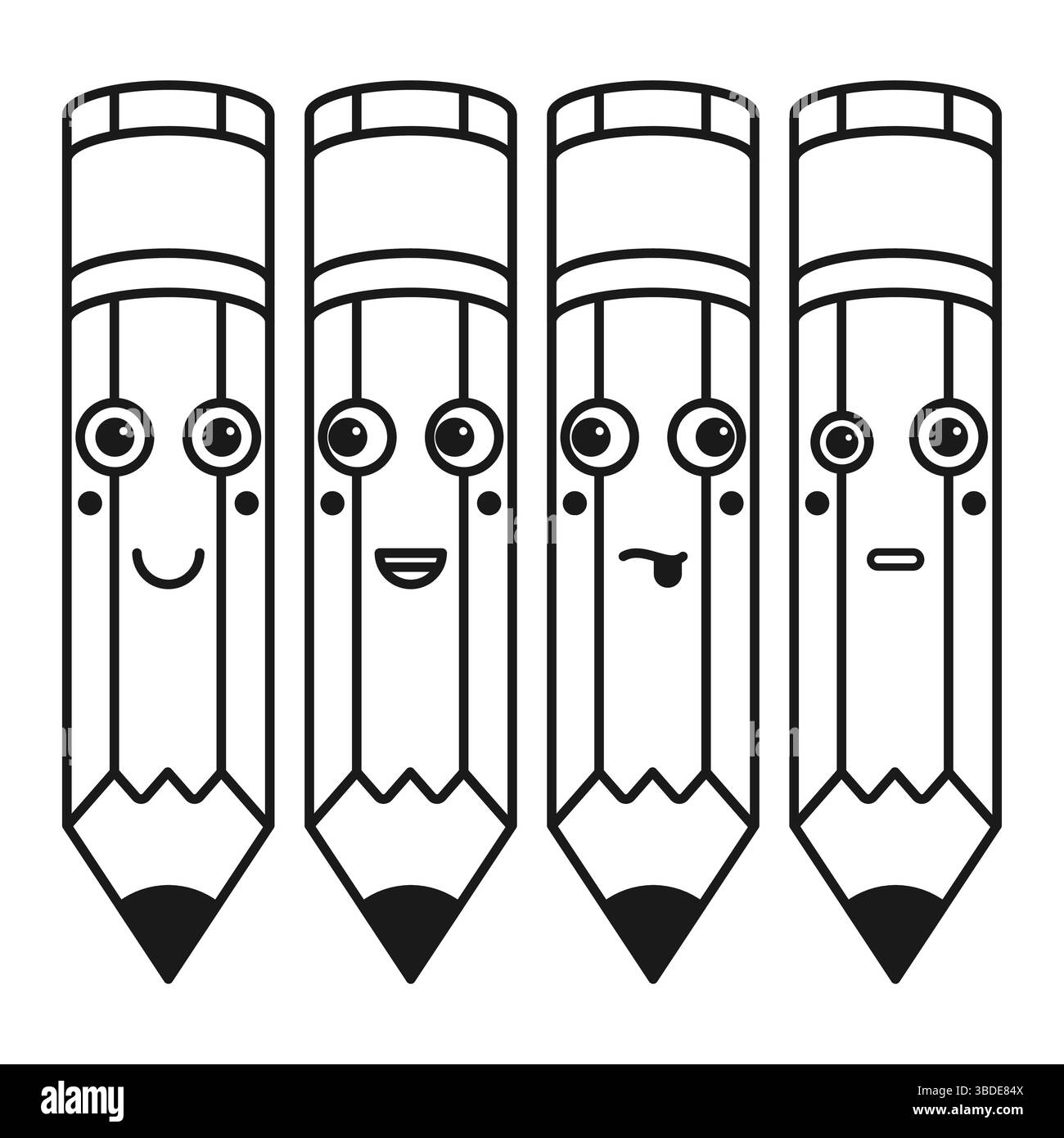 Pencil with Facial Expression Outline Style. Cute Pencil Stationery on ...