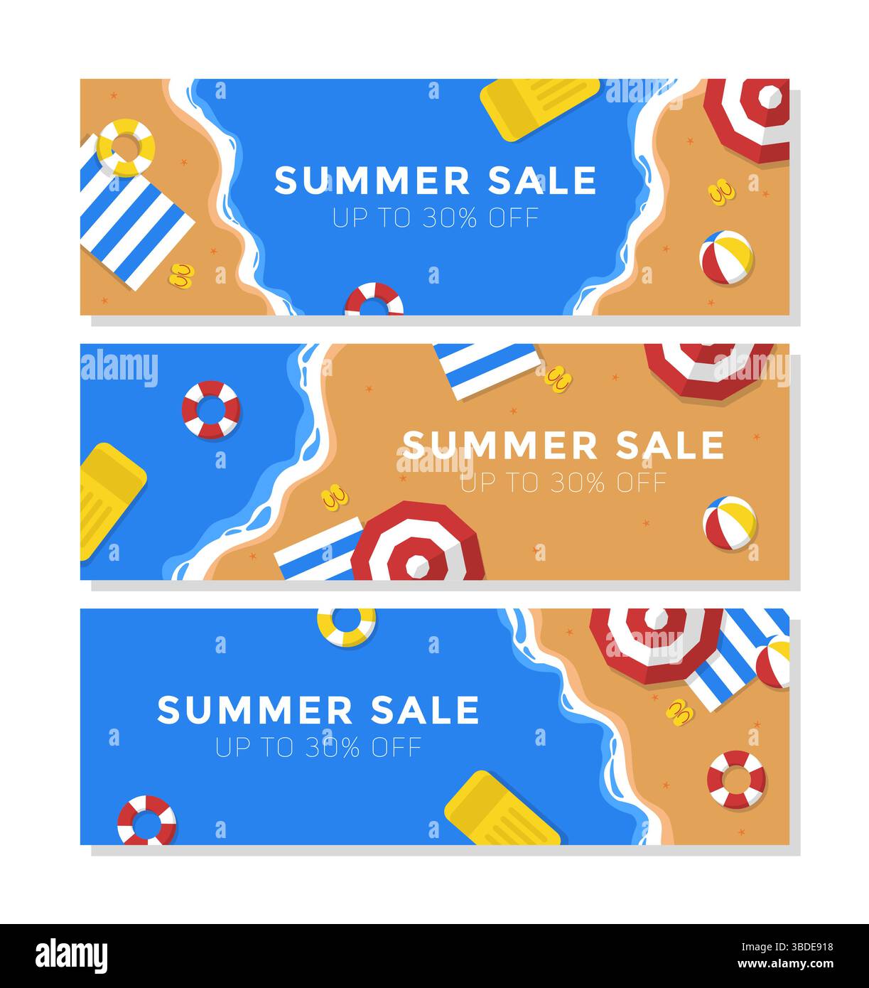 Isolated summer sale banner template collection with top view beach ...