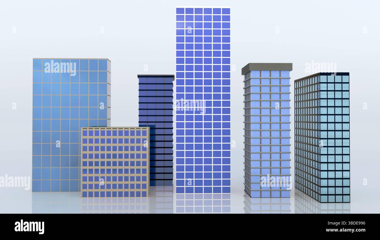 A 3D rendering of a group of tall, modern, stylized skyscraper ...
