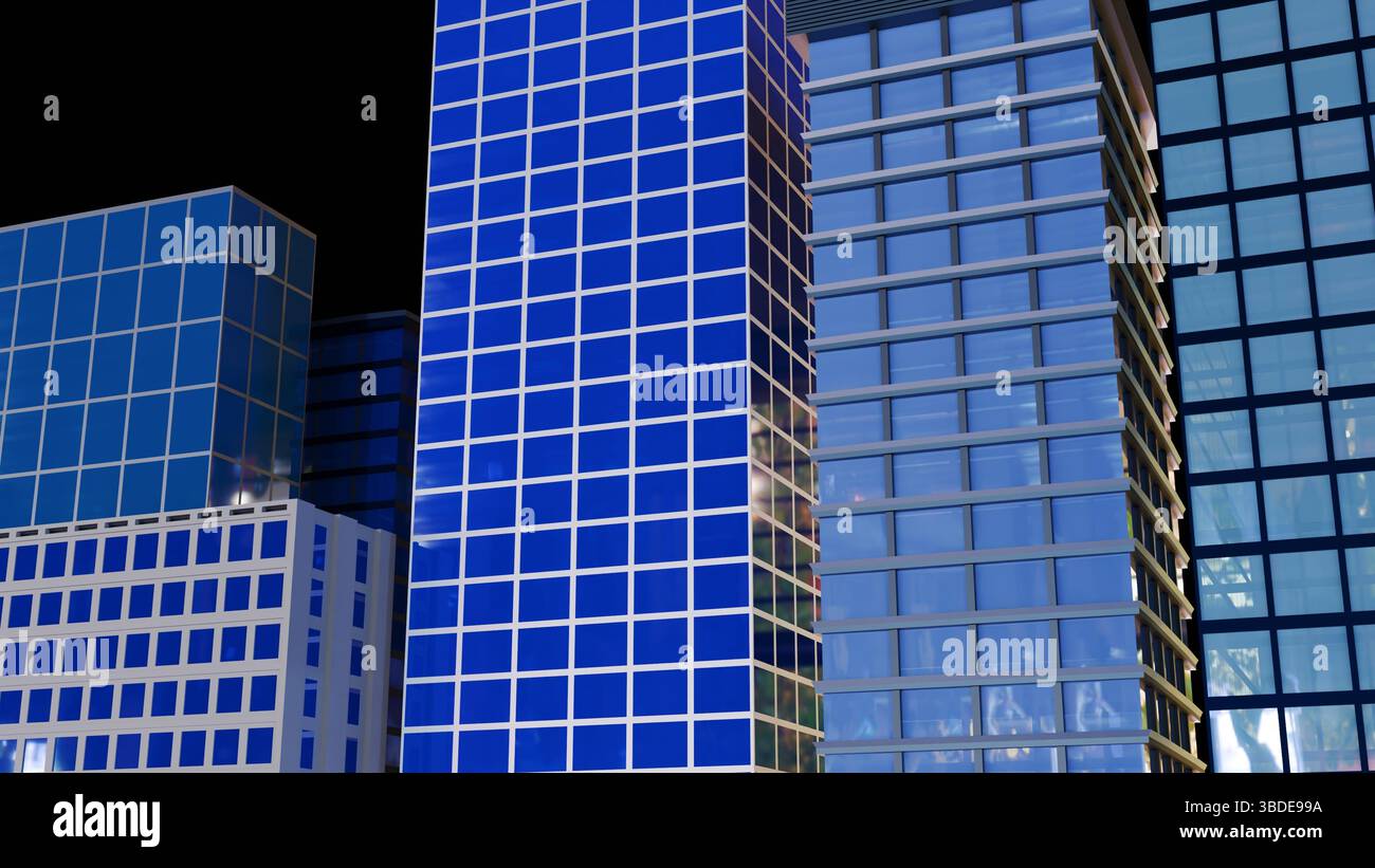 A 3D rendering of a group of tall, modern, stylized skyscraper ...