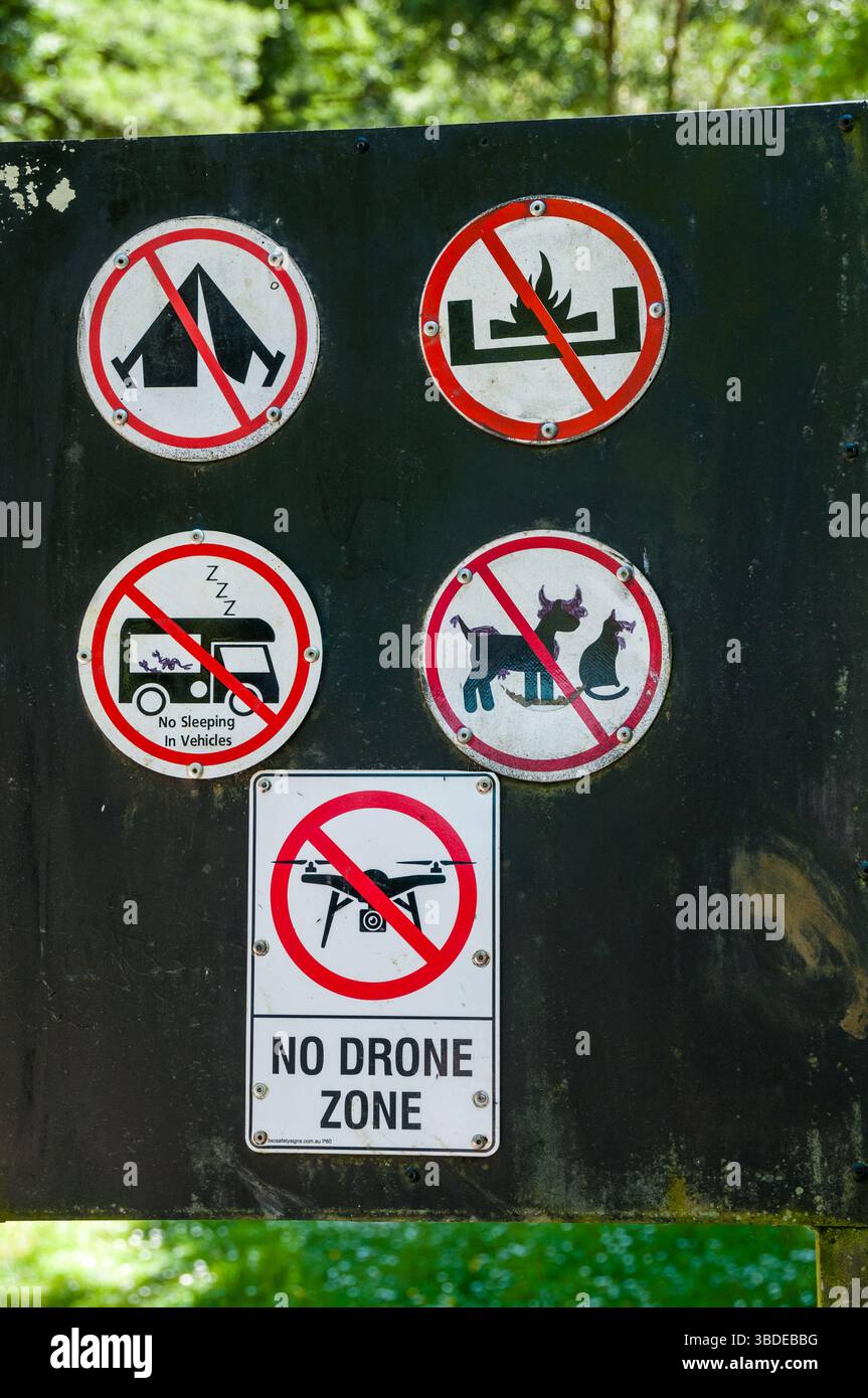 no drone zone, no camping, no fire, no sleeping in vehicles, no cats ...