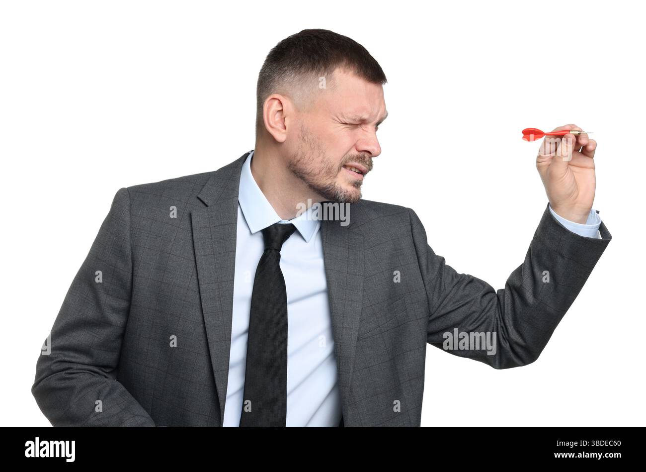 Targeting. Man with dart aiming on white background Stock Photo - Alamy