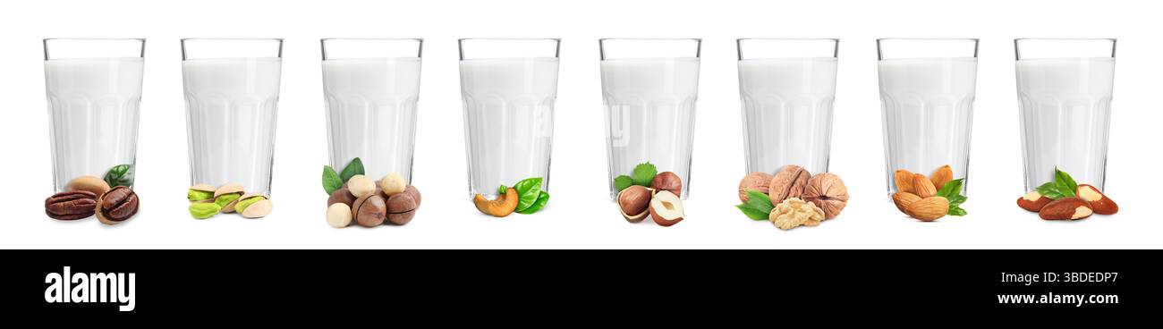 Different types of nut milk in glasses isolated on white, set Stock ...