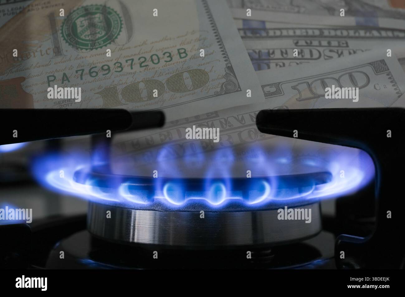 Gas burner with blue flame and dollar bills, double exposure. Gas ...