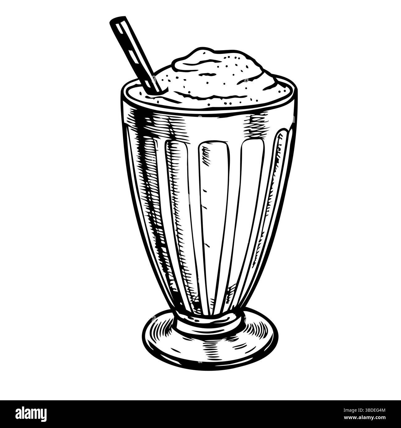A vintage-style milkshake in a tall glass with a straw. The drink has a ...