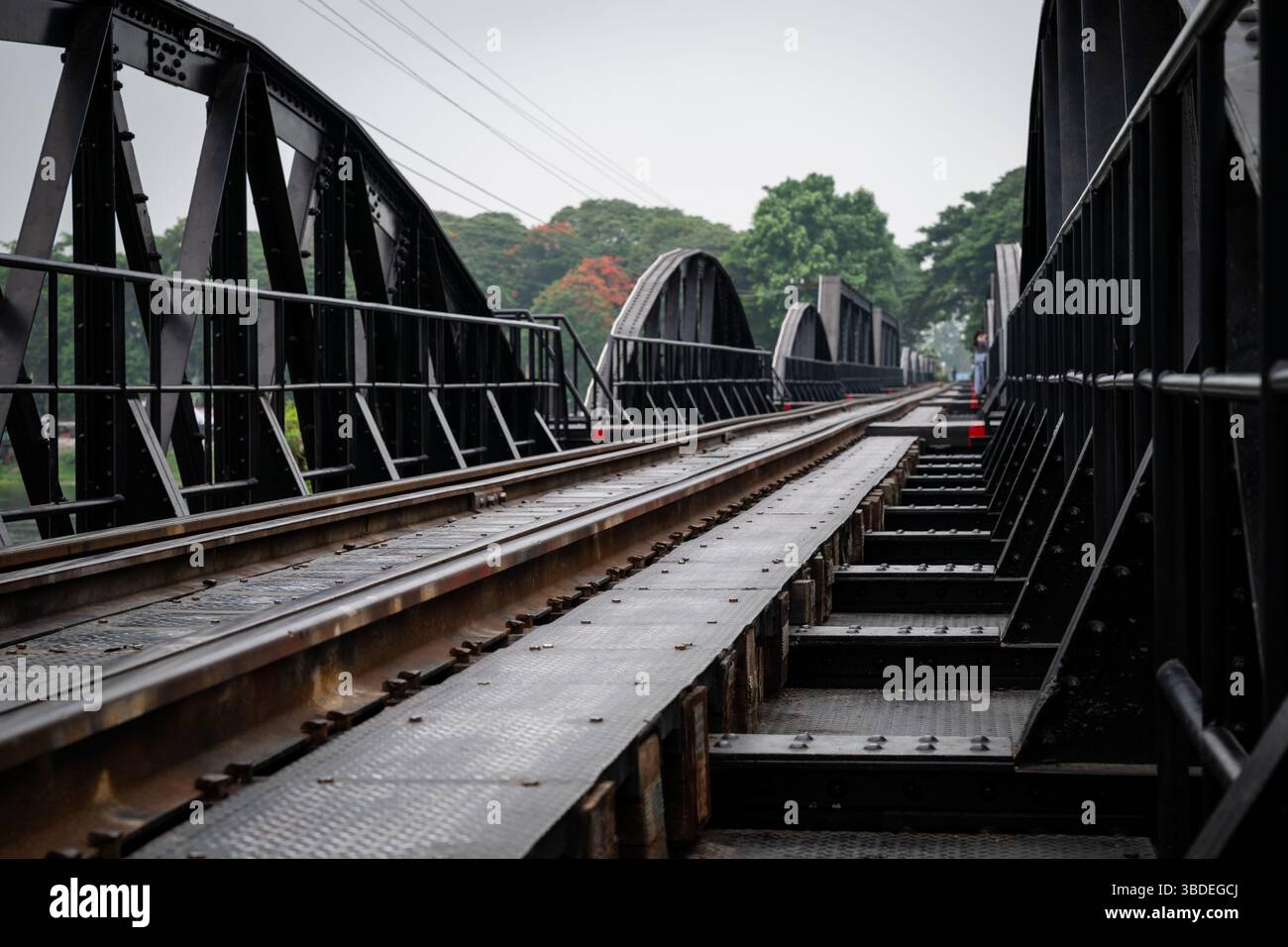 Perspective view of the straight railway tracks and steel truss ...