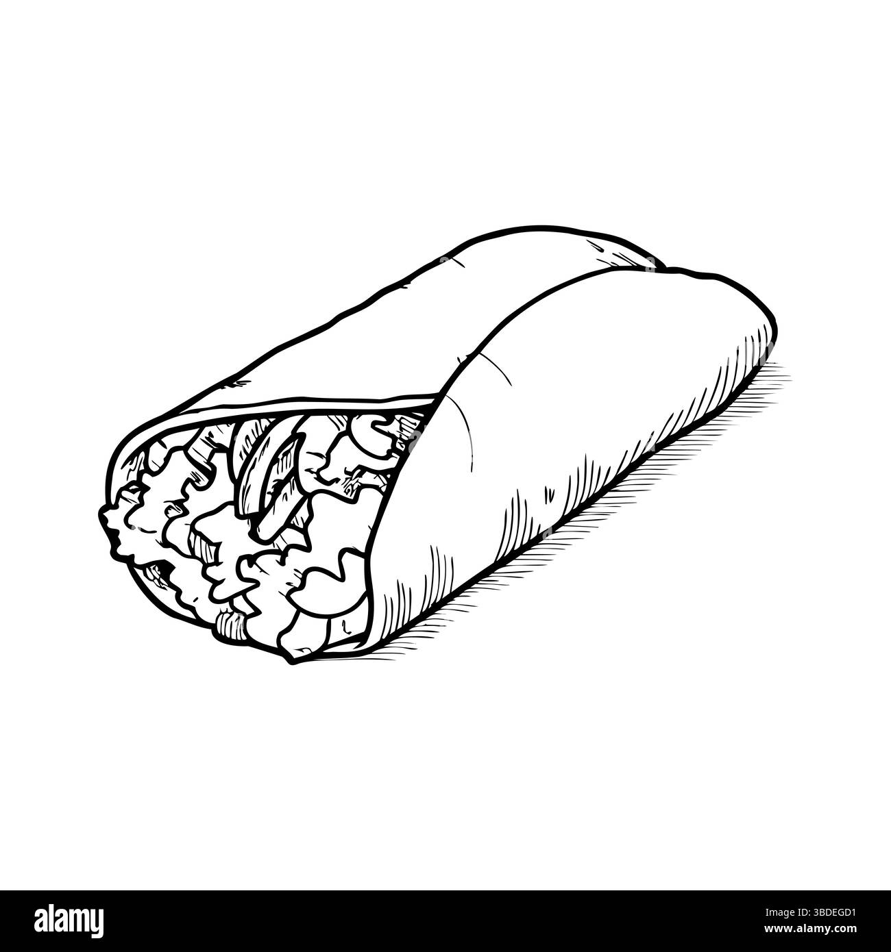 A hand-drawn illustration of a burrito wrapped in a tortilla. The ...