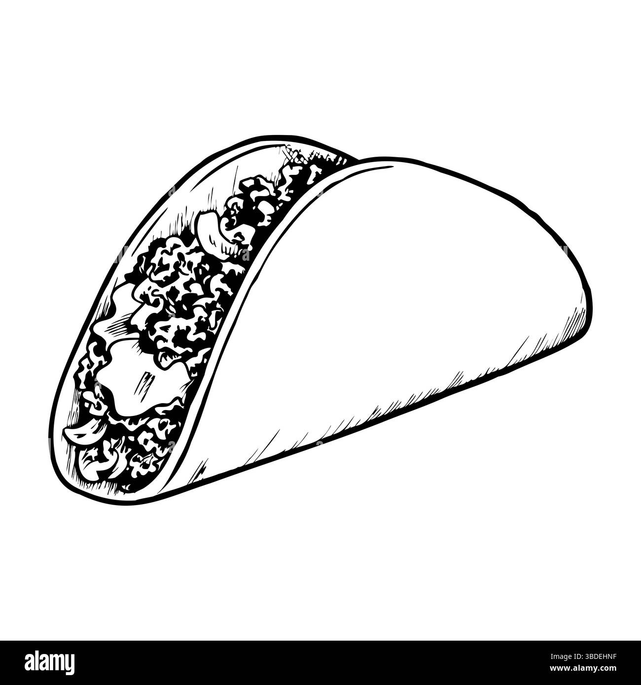 A hand-drawn illustration of a taco filled with ground meat, lettuce ...