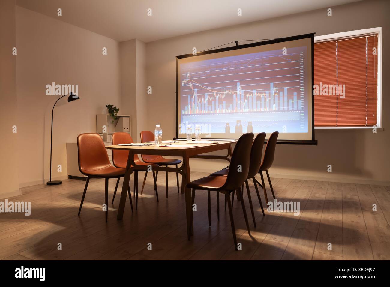 Interior of modern conference hall with table, chairs and projector ...