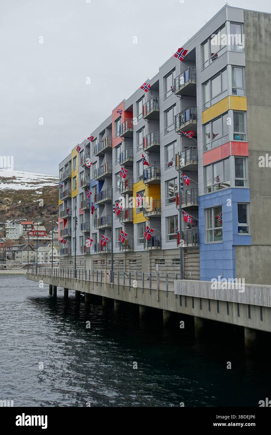 Norwegian flags are displayed in all windows on the occasion of the ...