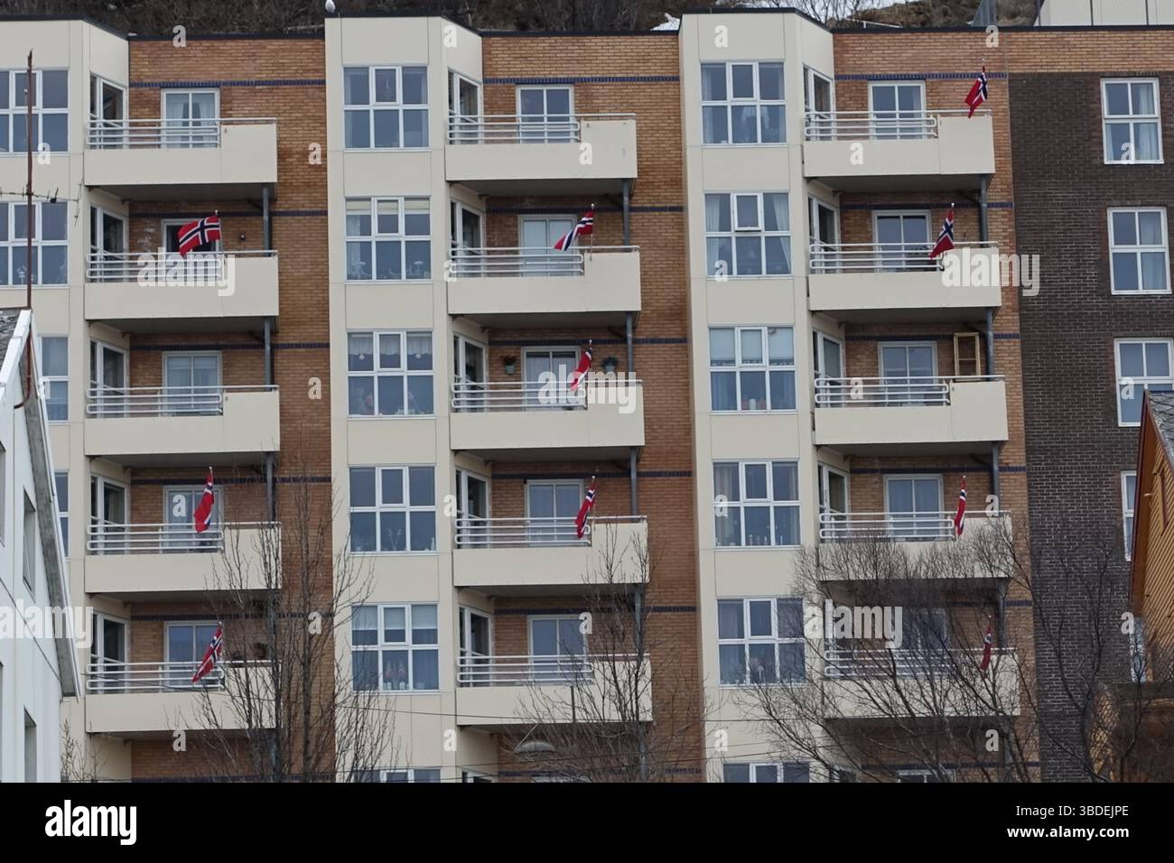 Norwegian flags are displayed in all windows on the occasion of the ...