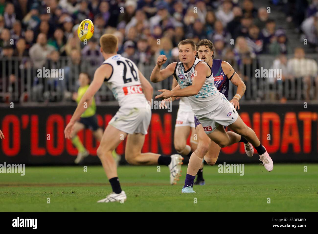 Perth, Australia. 24th May, 2025. Ollie Wines of the Power handballs ...