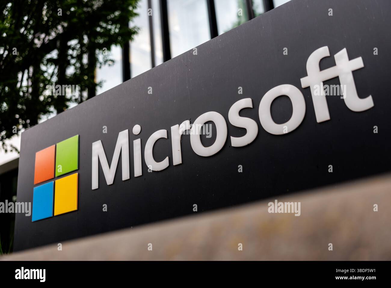 Munich, Germany. 23rd May, 2025. The Microsoft logo and lettering can ...