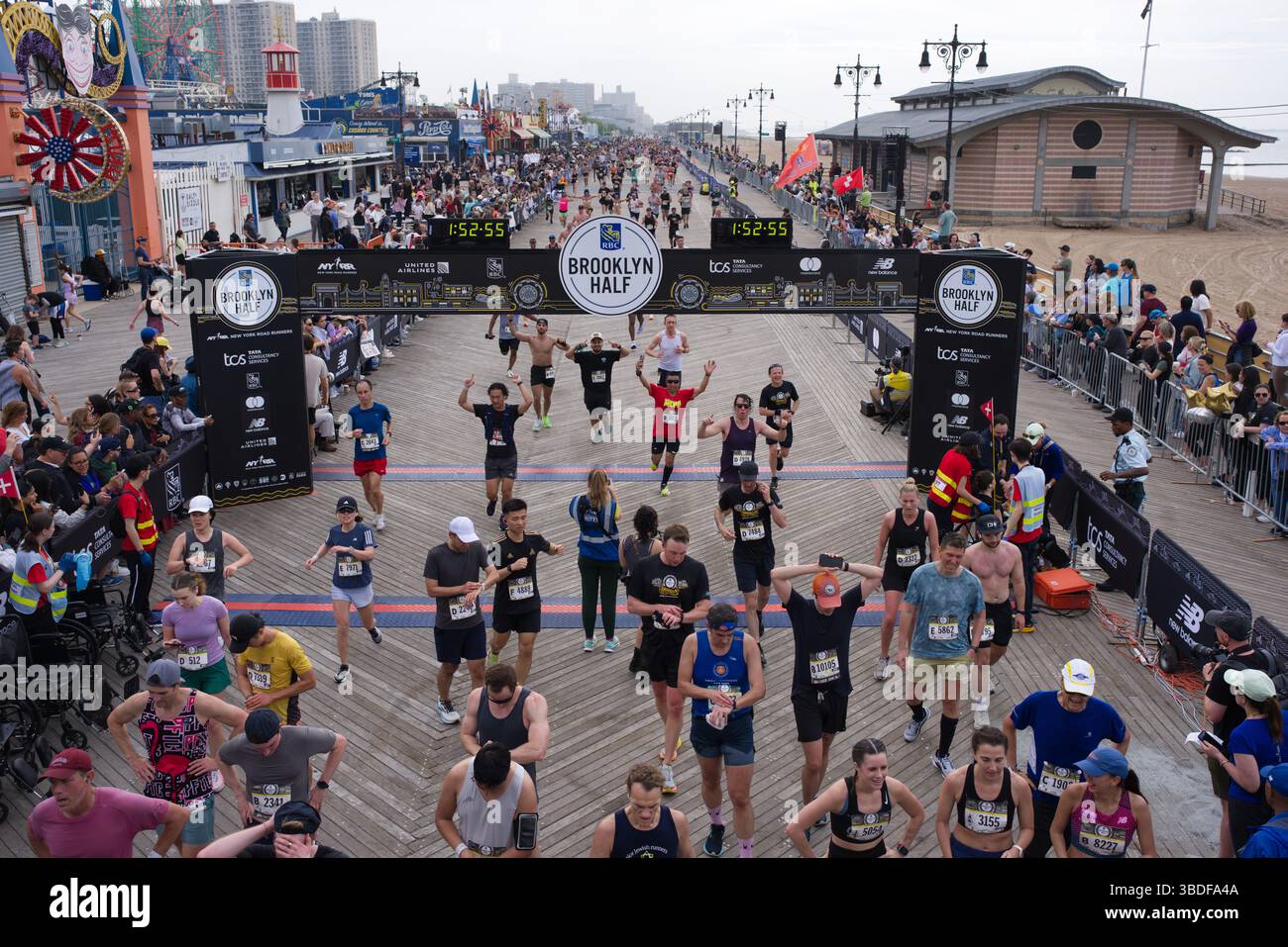 Aerial view of the finish line of a half marathon on a boardwalk ...